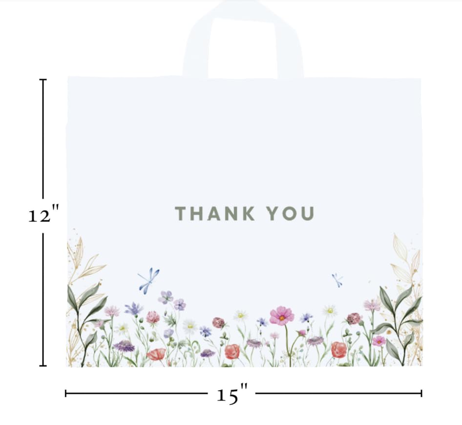 Purple Q Crafts Thank You Bags for Business and Stores 50 Pack 15" W x 12" H Floral Plastic Shopping Bags With Soft Loop Handle