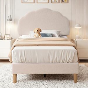 vecelo twin size bed frame, upholstered platform bedframe with height adjustable plush fabric headboard, strong wood slat supports, no box spring needed, beige