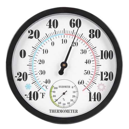 Peosaard Indoor Outdoor Thermometer Round 10in Hygrometer Mechanical Weather Station Waterproof Accurate Minimalist Temperature Gauge for Home Factory, Indoor Outdoor Thermometer