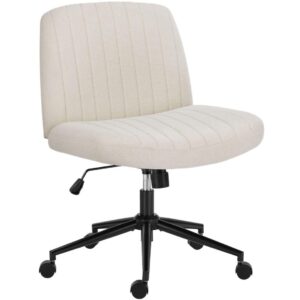 criss cross chair with wheels, ergonomic armless swivel comfy vanity seat, wide back support and adjustable height for home office bedroom computer gaming makeup, beige fabric