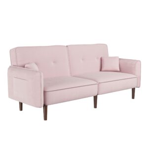 LOPOO Modern Convertible Sleeper Futon Sofa Bed with Solid Wood Legs, Stylish Fabric Upholstery, Foldable Loveseat Velvet Couch, Comfortable Foam Filling, 2 Side Pockets, 3 Positions, Pink