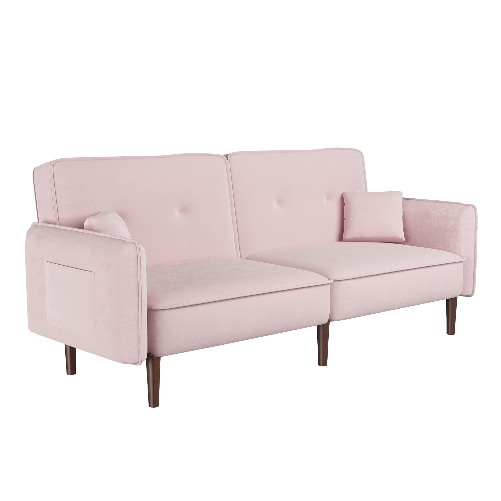 LOPOO Modern Convertible Sleeper Futon Sofa Bed with Solid Wood Legs, Stylish Fabric Upholstery, Foldable Loveseat Velvet Couch, Comfortable Foam Filling, 2 Side Pockets, 3 Positions, Pink