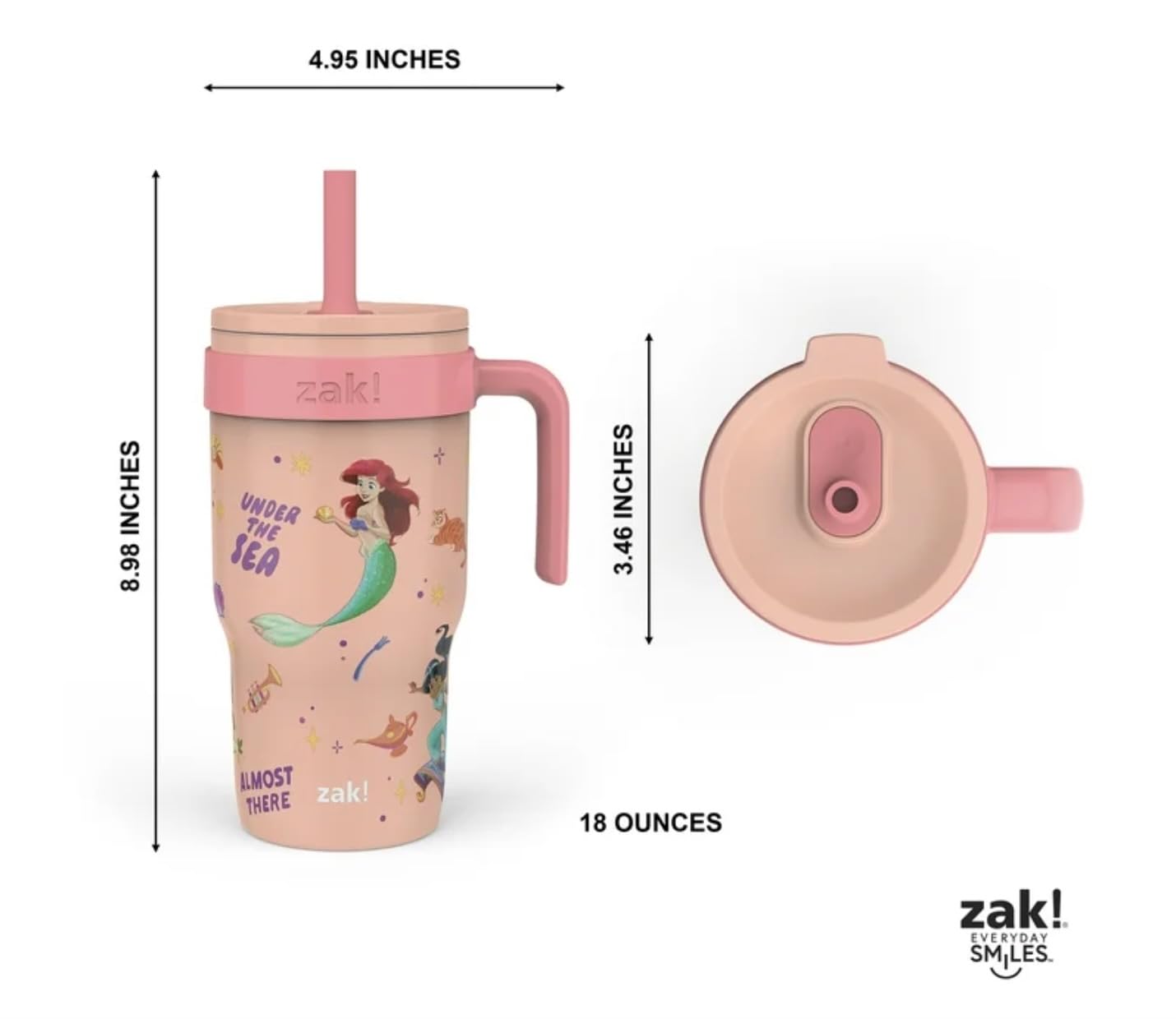 Zak Designs Disney Princess Cruiser Tumbler with Handle, Leak-Proof Straw, Stainless Steel, Vacuum Insulated, 18 oz.