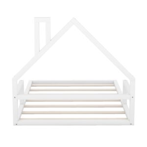 LUSPAZ Full Size Floor Bed with House-Shaped Headboard for Toddlers and Baby,Playful Design Sturdy Wood Montessori Floor Bed, No Box Spring Required, Perfect for Kids' Room or Baby Room, White