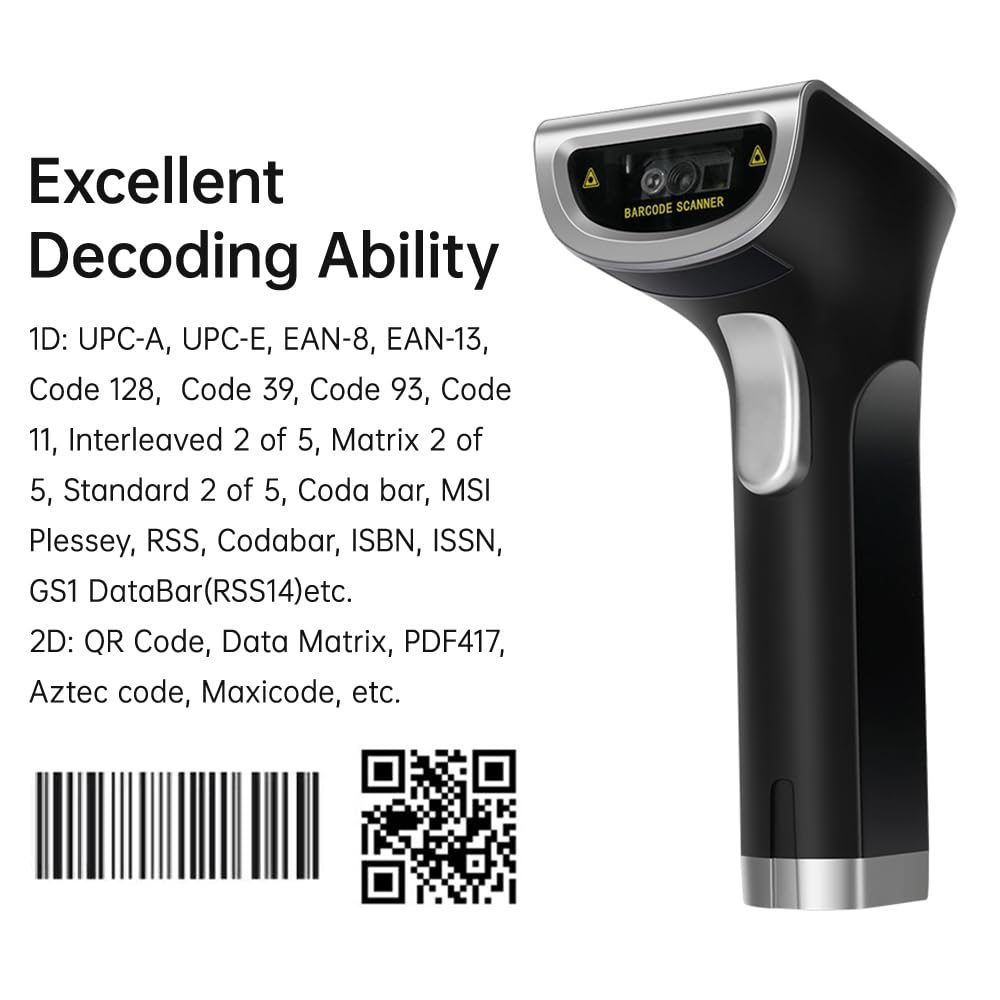 Wireless QR 2D Barcode Scanner Handheld USB Wired Bar Code Reader Support Paper and Screen Compatible with Windows Android Mac Manual/Continuous/Auto-Induction Trigger Scanning for Supermarket