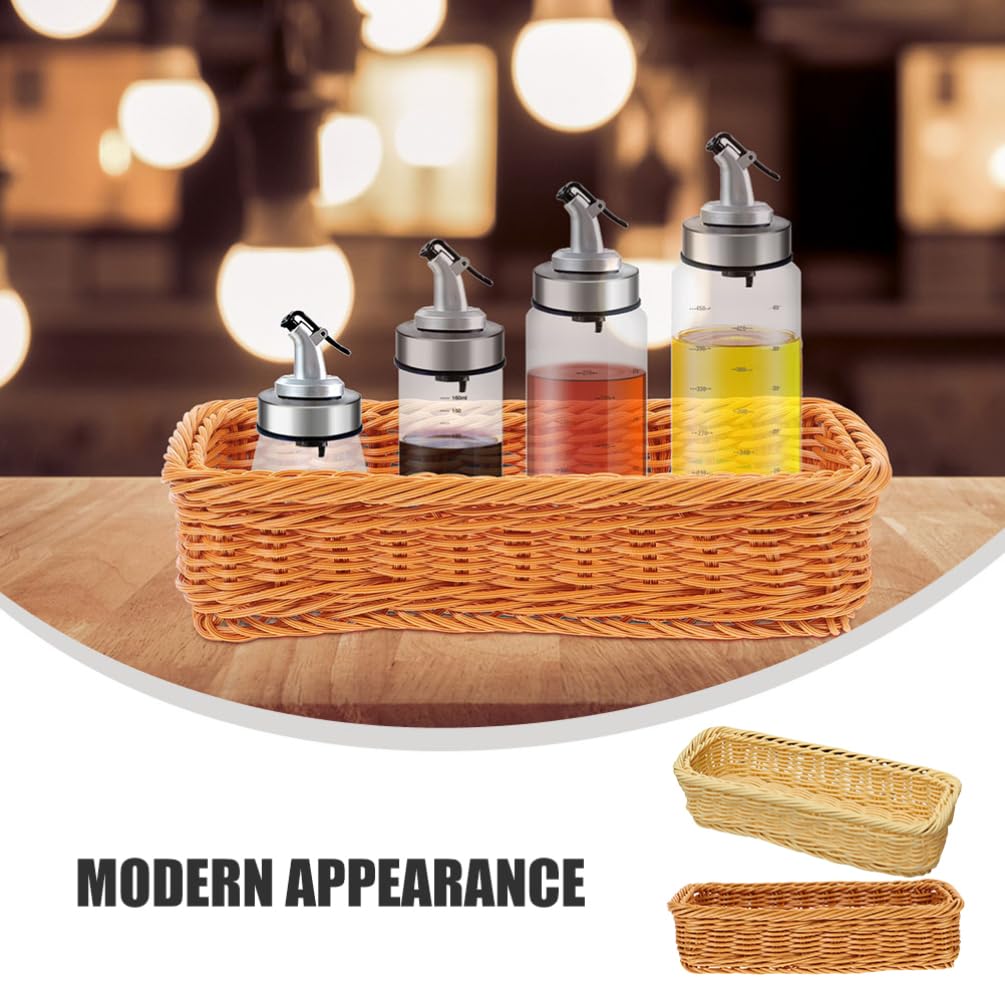 VOSAREA Wicker Storage Basket Plastic Long Narrow Rectangular Woven Shelf Basket Cutlery Spices Jar Toilet Paper Towel Basket Wicker Cube Storage Bins Boho Cutlery Tray