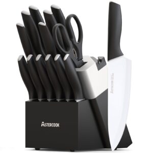 astercook knife set, kitchen knives with block and sharpener ceramic coating 15 pcs german stainless steel knives sharp blade dishwasher safe kitchen utensils set with ergonomic handle, elegant black