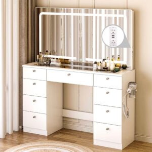 Alorksi Glass Top Makeup with Multiple Storage Space, Makeup Furniture with Power Outlet & LED Lights, 3 Lighting Modes Adjustable Brightness for Dressing Room, White