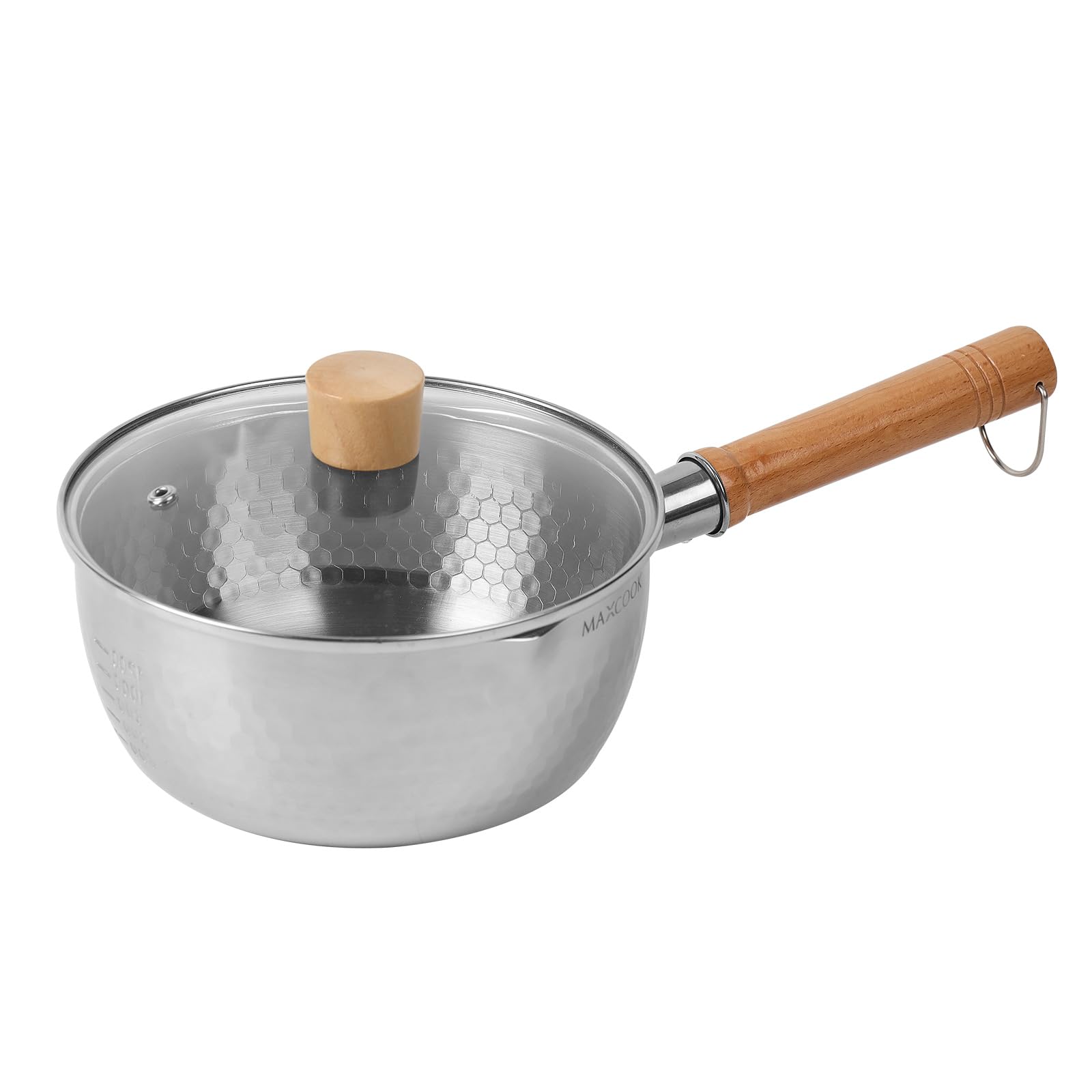 MAXCOOK 1.9 Quart 18/0 Stainless Steel Saucepan with Glass Lid Japanese Yukihira Saucepan Pots with Wood Handle Non Stick Pans for Deep-Frying,Steaming,Boiling and Stir-Frying