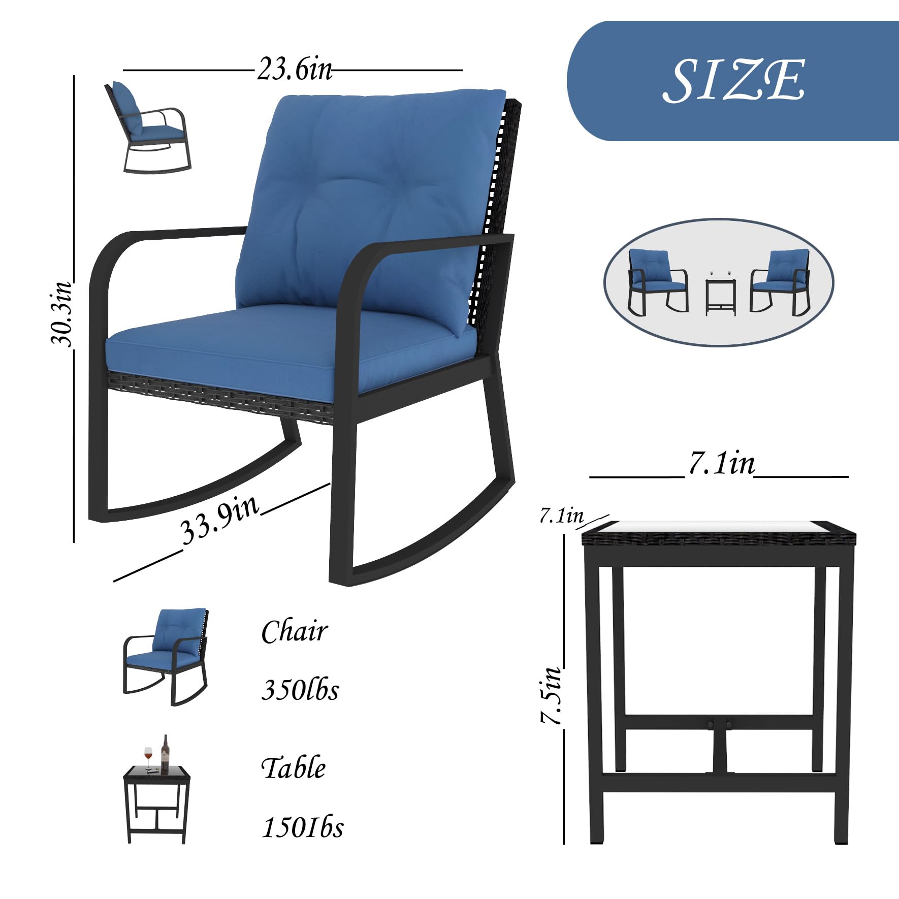 wallowsun 3 Pieces Outdoor Rocking Bistro Set,Patio Conversation Set w Thick Cushions and Glass-Top Table for Poolside Patio Garden(Blue)