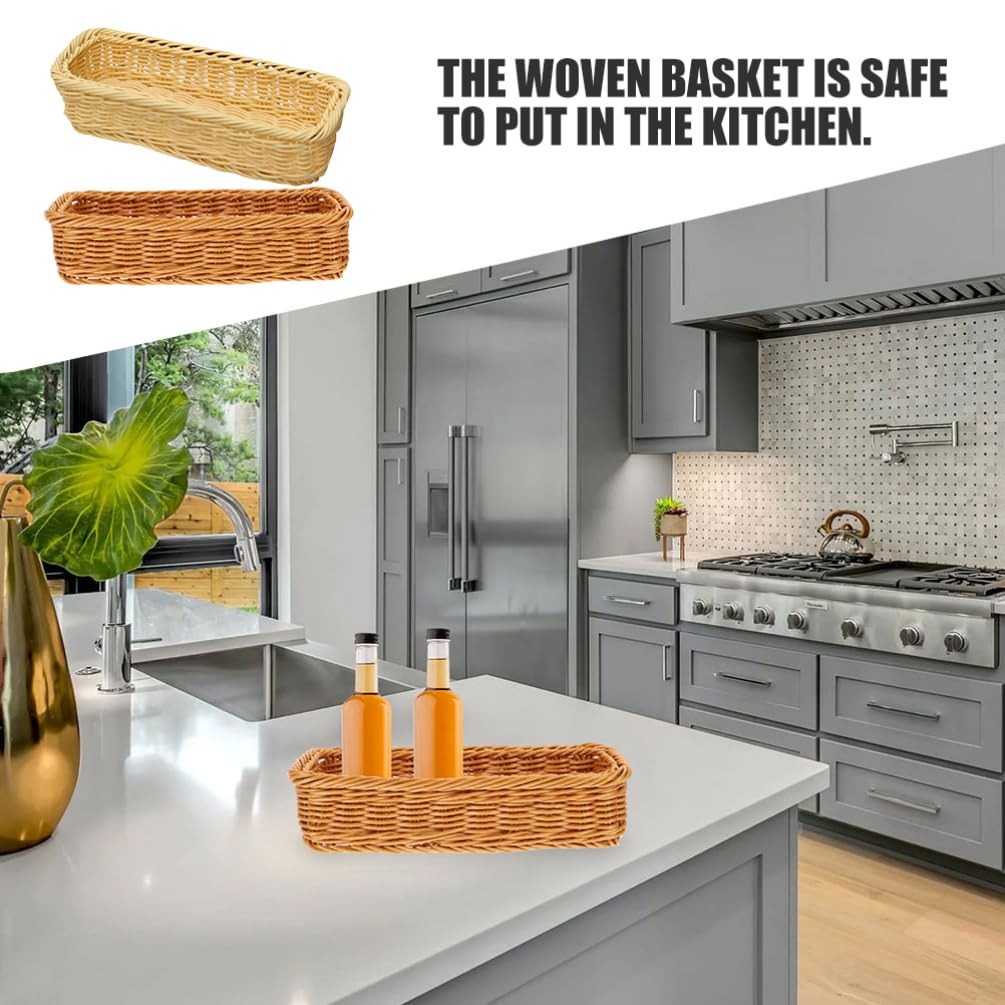 VOSAREA Wicker Storage Basket Plastic Long Narrow Rectangular Woven Shelf Basket Cutlery Spices Jar Toilet Paper Towel Basket Wicker Cube Storage Bins Boho Cutlery Tray