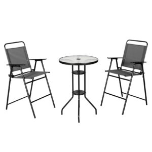 abba patio 3-piece bistro set, table and chairs set of 3 with tempered glass top outdoor patio furniture for deck, for garden lawn poolside cafe, dark grey