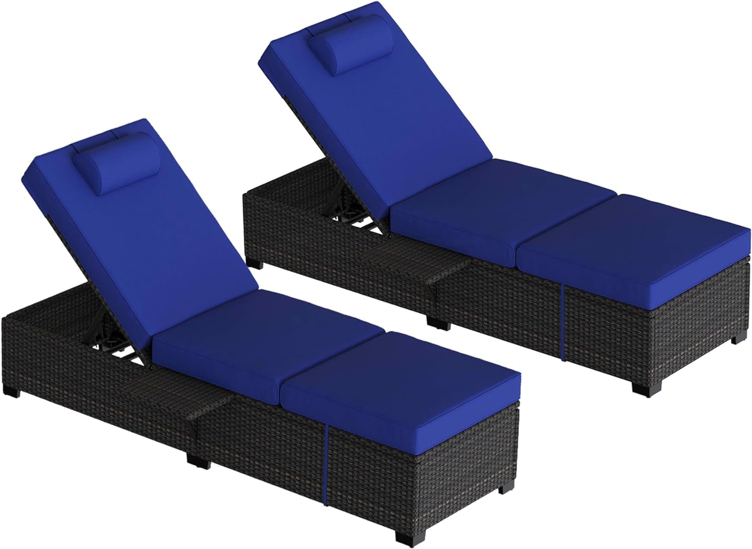 GarveeLife Patio Chaise Lounges Set of 2, Outdoor PE Wicker Chaise Lounge Chairs with 5 Adjustable Backrest & 25D Cushions Perfect for Beach Pool Lawn Yard Patio, Blue