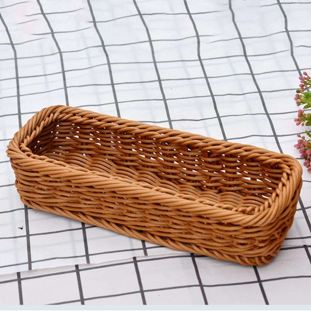 VOSAREA Wicker Storage Basket Plastic Long Narrow Rectangular Woven Shelf Basket Cutlery Spices Jar Toilet Paper Towel Basket Wicker Cube Storage Bins Boho Cutlery Tray