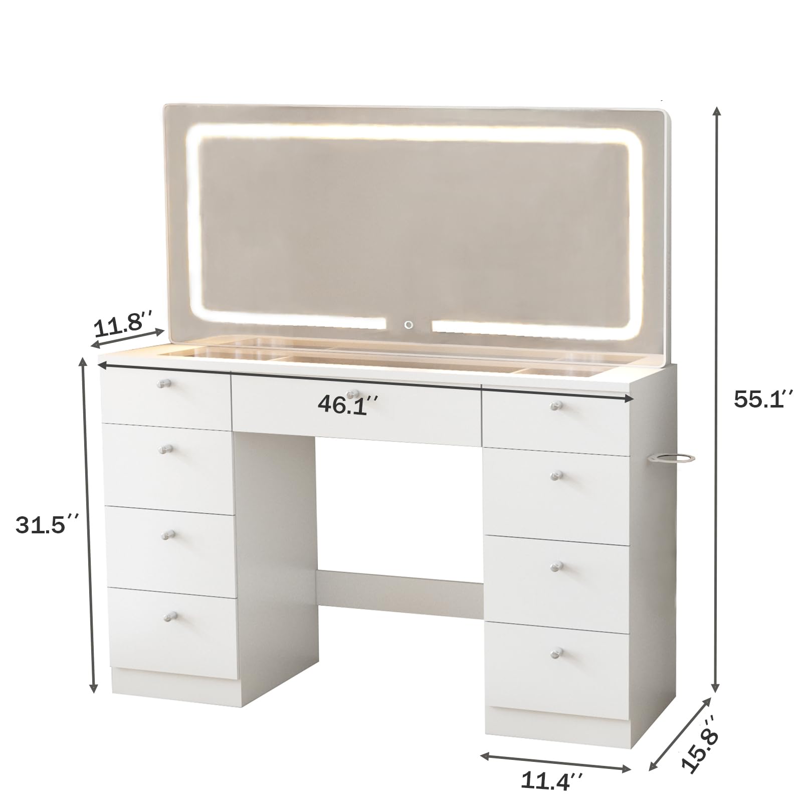 Alorksi Glass Top Makeup with Multiple Storage Space, Makeup Furniture with Power Outlet & LED Lights, 3 Lighting Modes Adjustable Brightness for Dressing Room, White