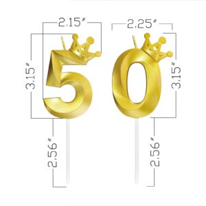 Jumochi 50th Birthday Candles for Cake 3D Crown Design Number 50 Topper Decorations for Celebrations (Gold-3D-Crown-50, 3D-Crown)