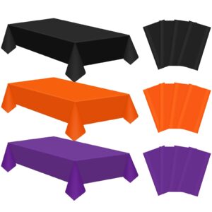 yorcari 12 pack halloween tablecloth disposable plastic 54 x 108 inch rectangle tables cloth waterproof disposable plastic table cover for halloween party and decorations (black, orange, purple)