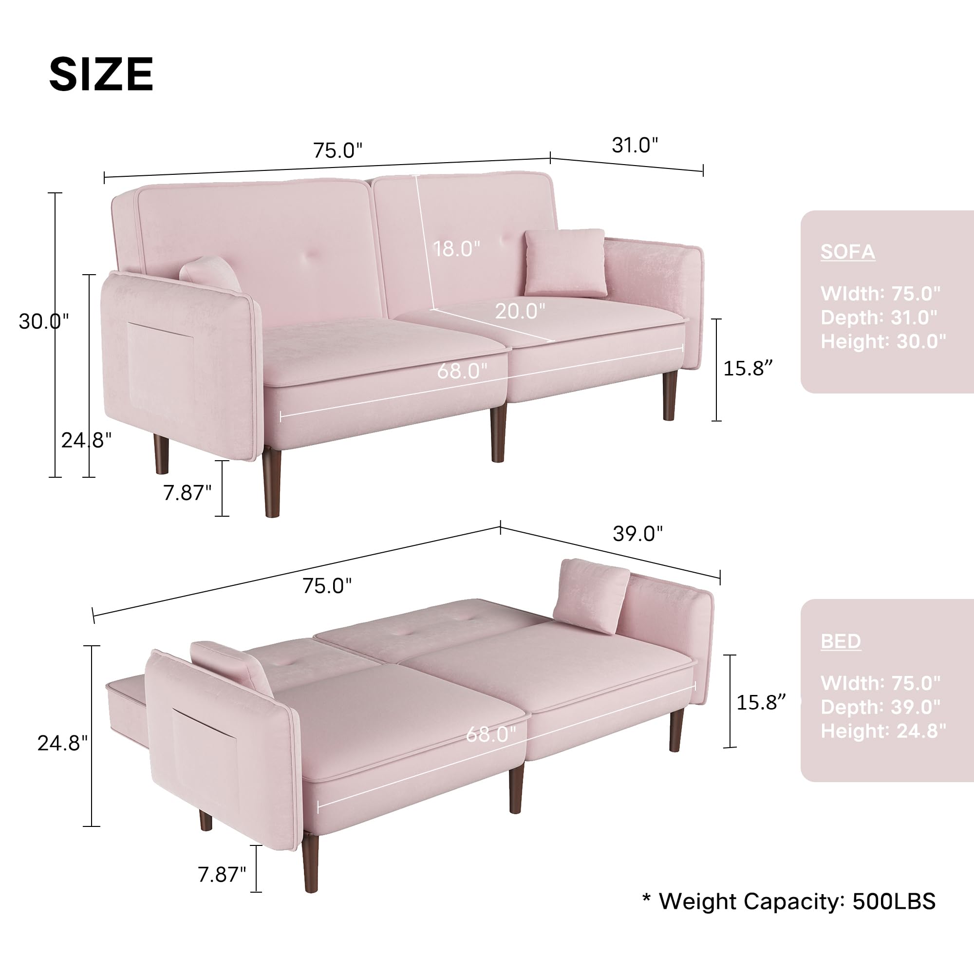 LOPOO Modern Convertible Sleeper Futon Sofa Bed with Solid Wood Legs, Stylish Fabric Upholstery, Foldable Loveseat Velvet Couch, Comfortable Foam Filling, 2 Side Pockets, 3 Positions, Pink