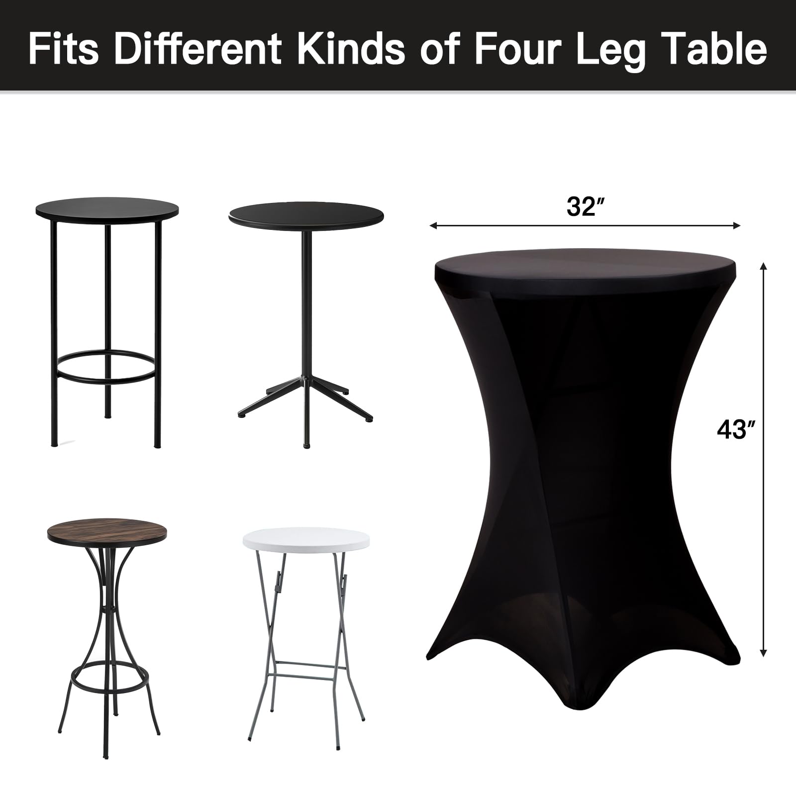 Fixwal 4 Pack Spandex Cocktail Table Covers, 32x43 Inch Black Fitted Stretch Highboy Round Cover Table Cloth for Party, Bar, Pub, Wedding, Banquet