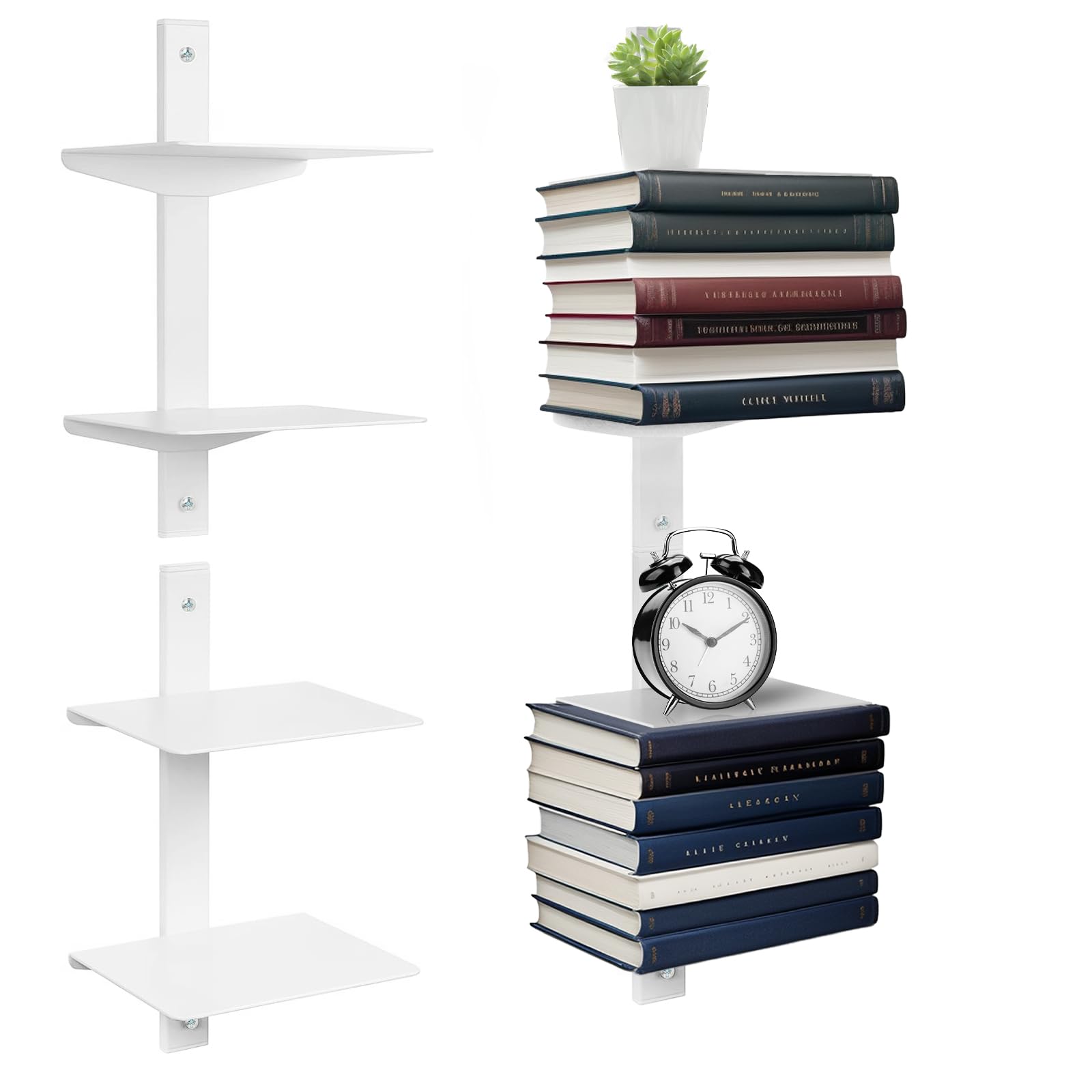 Atsgke Invisible Floating Bookshelf for Wall, 4 Tier Vertical Spine Bookshelves for Wall, Heavy-Duty Metal Vertical Bookshelf for Home Office, Floating Bookshelf Vertical 2 Pack White