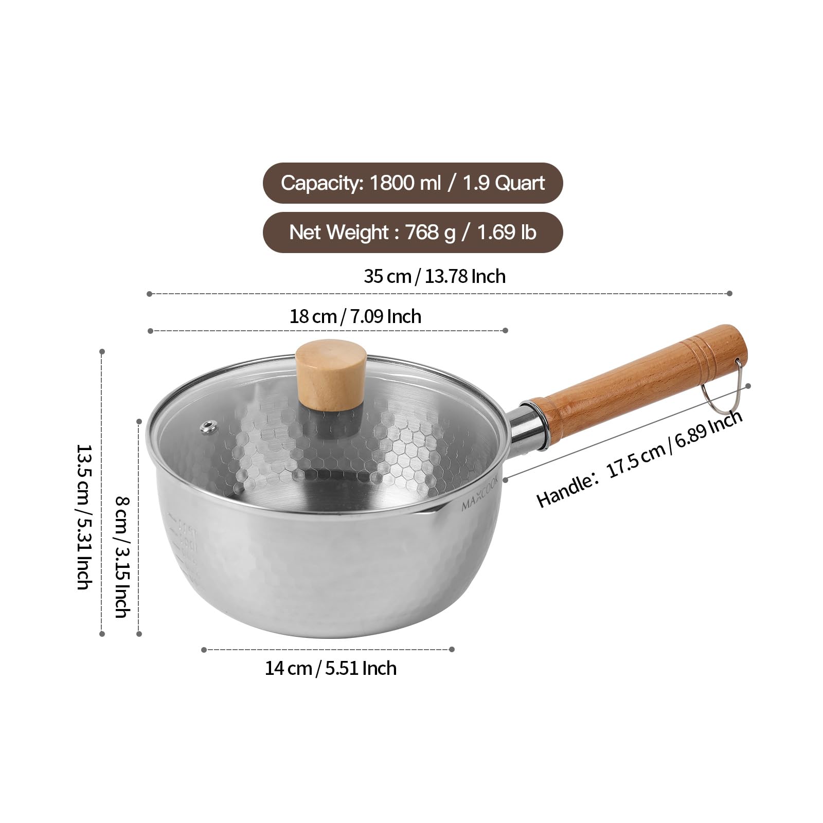 MAXCOOK 1.9 Quart 18/0 Stainless Steel Saucepan with Glass Lid Japanese Yukihira Saucepan Pots with Wood Handle Non Stick Pans for Deep-Frying,Steaming,Boiling and Stir-Frying