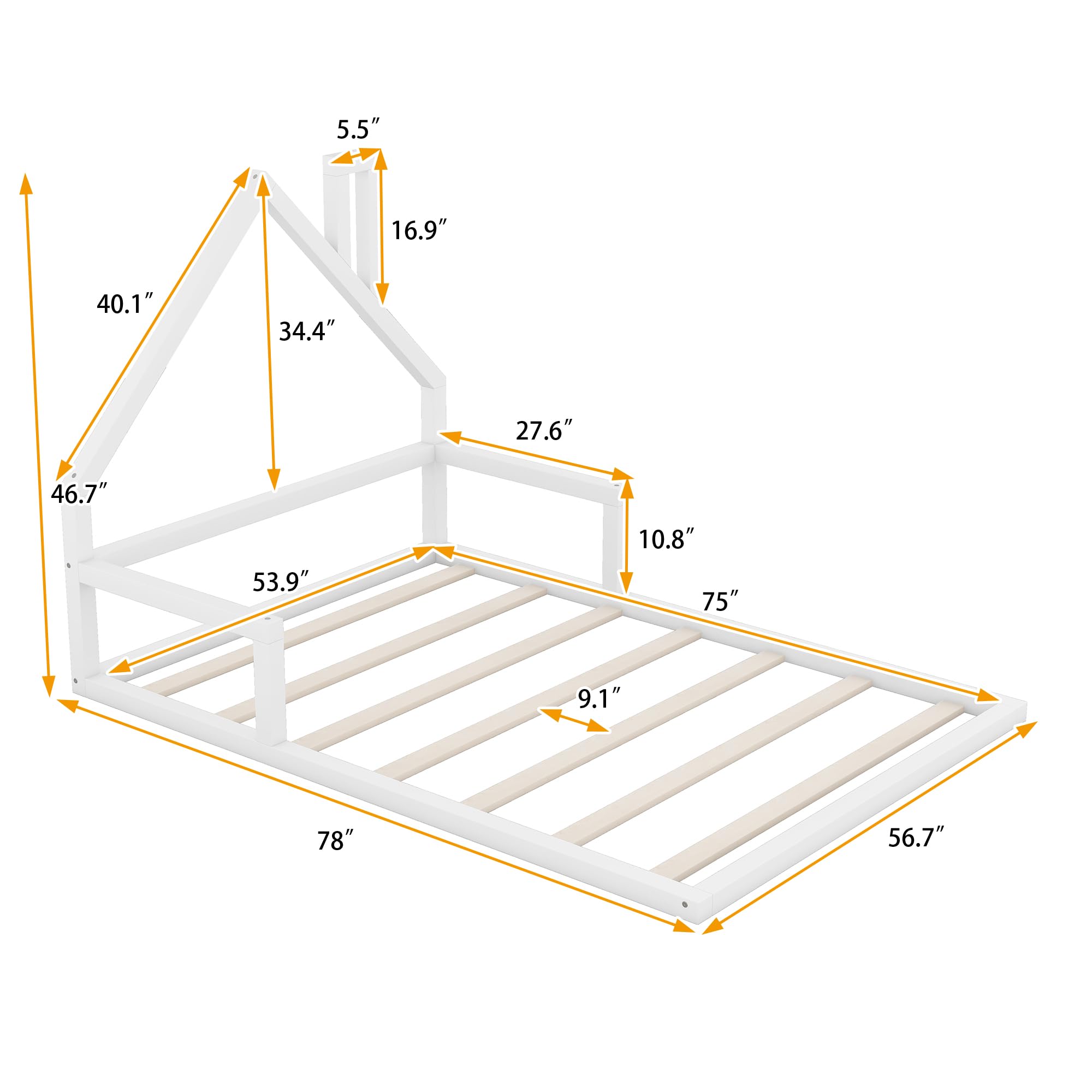 LUSPAZ Full Size Floor Bed with House-Shaped Headboard for Toddlers and Baby,Playful Design Sturdy Wood Montessori Floor Bed, No Box Spring Required, Perfect for Kids' Room or Baby Room, White