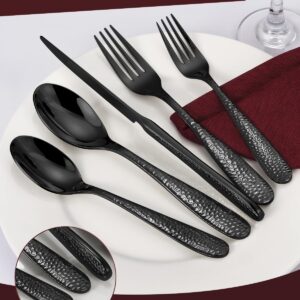 Hammered Black Silverware Set, EUIRIO 40-Piece Flatware Set for 8, Heavy Duty Stainless Steel Cutlery Set, Food-Grade Utensil Sets Includes Spoons Forks and Knives, Mirror Finish Dishwasher Safe