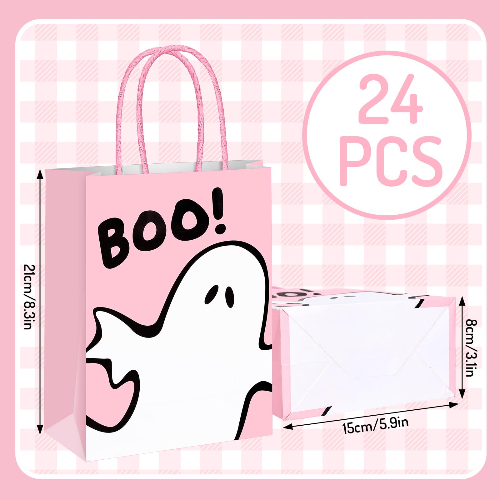 JarThenaAMCS 24Pcs Halloween Paper Gift Bags Ghost Boo Pink with Handles Party Favor Bags Kraft Candy Goodie Treat Bags for Halloween Birthday Party Favors Supplies 8.3 Inch