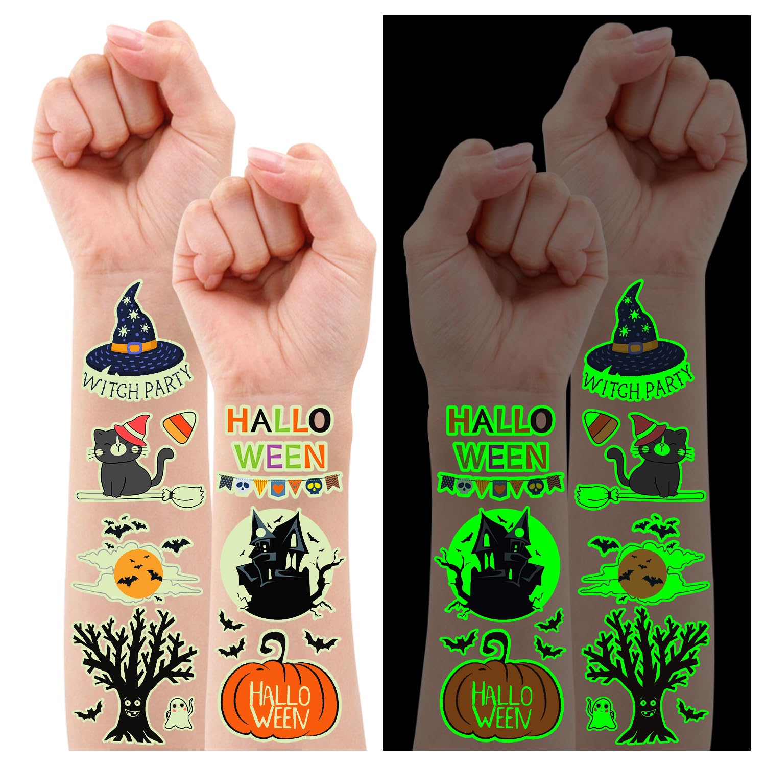 Partywind 170 Glow Styles Halloween Tattoos for Kids Party Favors, Halloween Kids Treats for Party Decorations Goodie Bag Stuffers, Pumpkin Skeleton Party Supplies for Trick or Treat Games