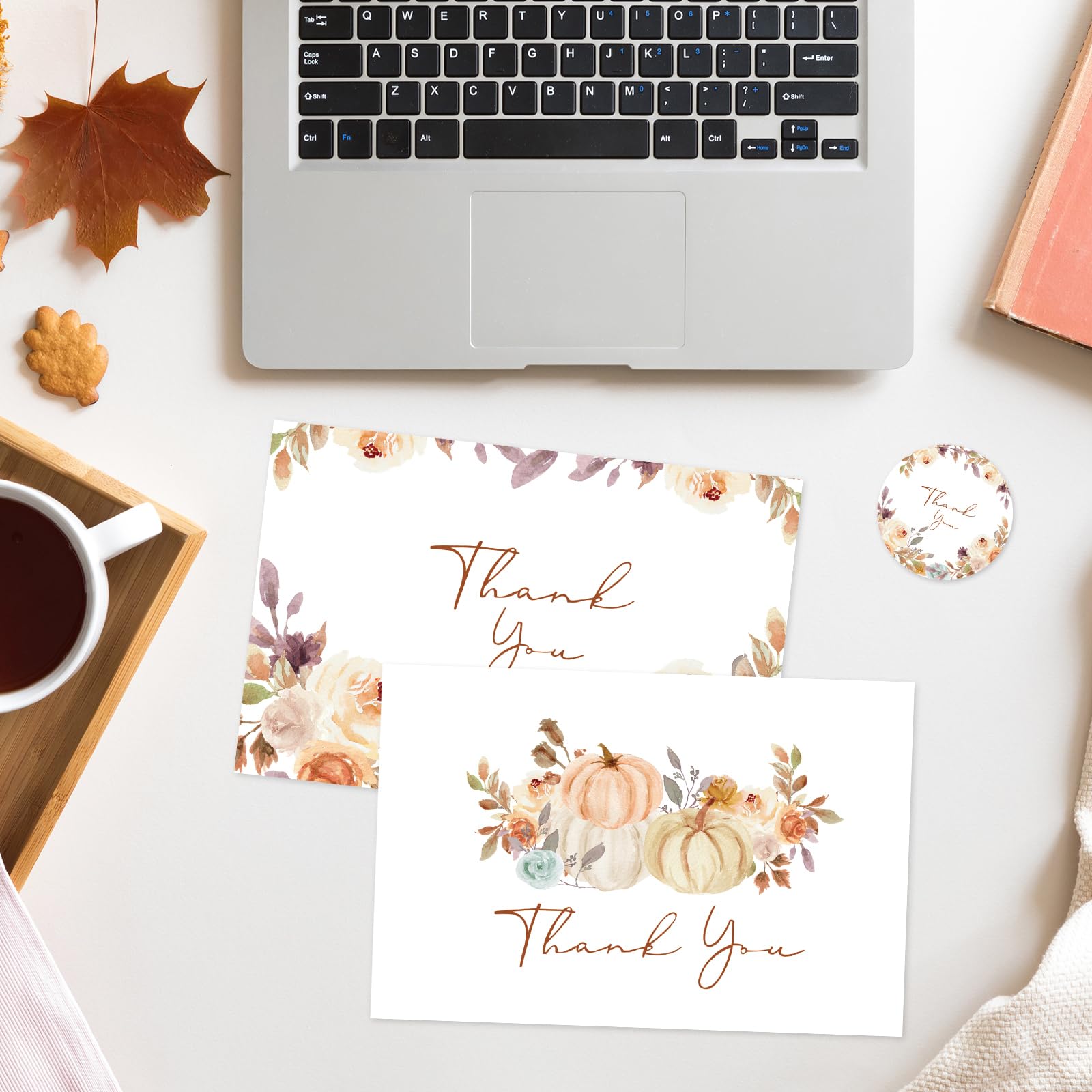 Whaline 36 Pack Fall Thank You Cards Watercolor Pumpkin Floral Greeting Cards Blank Note Cards with Envelope & Stickers for Autumn Thanksgiving Party Supplies, 4 x 6 Inch