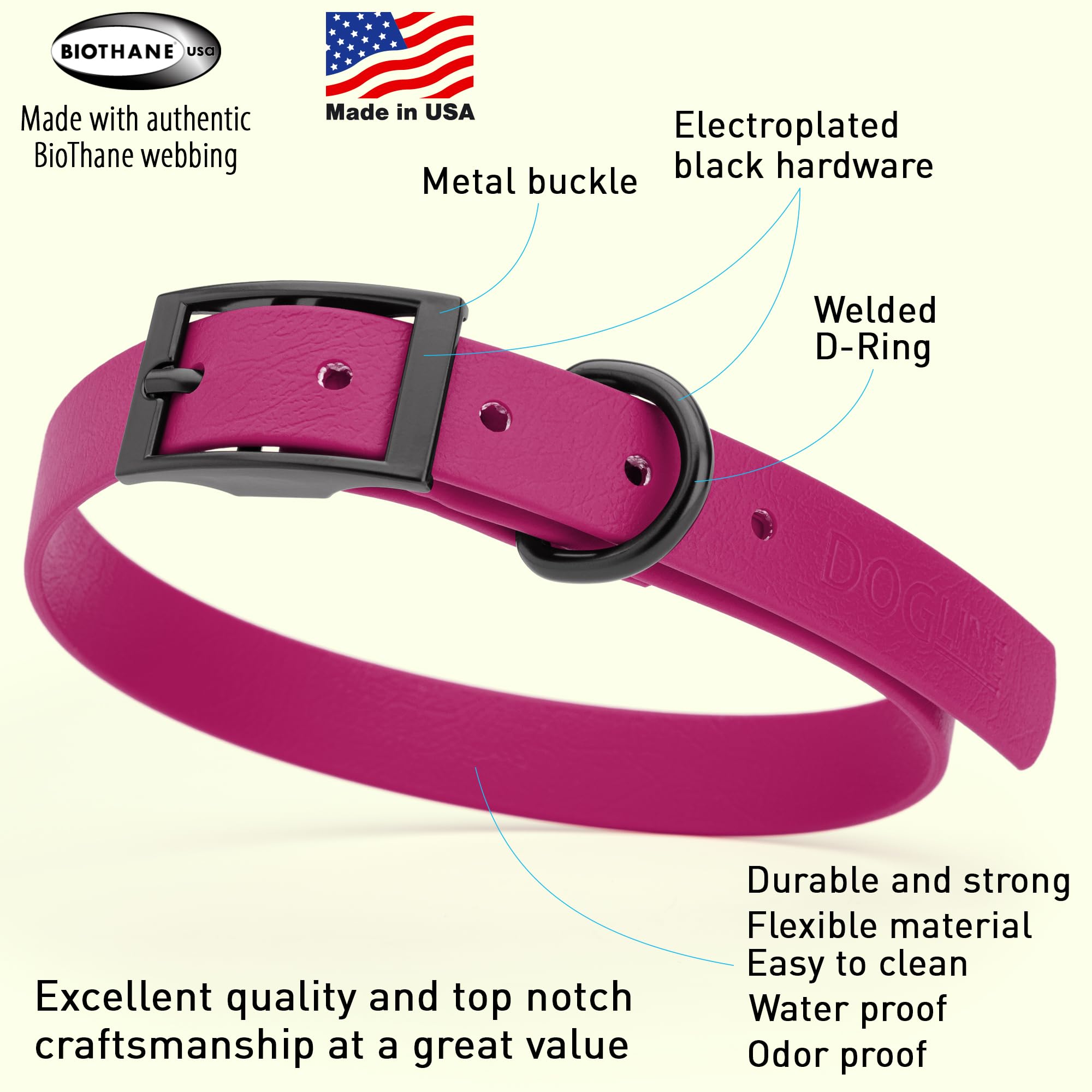 Dogline Biothane Waterproof Dog Collar Strong Coated Nylon Webbing with Black Hardware Odor- Proof for Easy Care Easy to Clean High Performance Fits Small Medium or Large Dogs, Magenta Pink