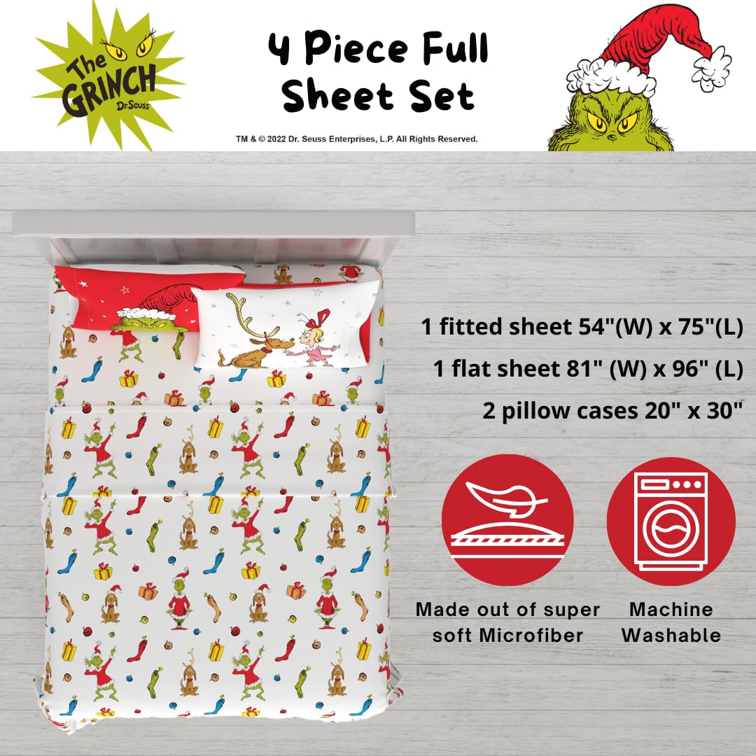 Franco Collectibles Dr. Seuss The Grinch Holiday & Christmas Bedding Super Soft Microfiber 4 Piece Full Sheet Set, (Officially Licensed Product)