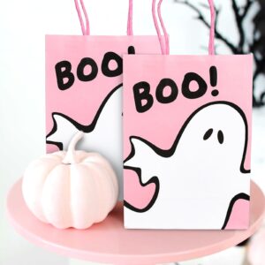 JarThenaAMCS 24Pcs Halloween Paper Gift Bags Ghost Boo Pink with Handles Party Favor Bags Kraft Candy Goodie Treat Bags for Halloween Birthday Party Favors Supplies 8.3 Inch