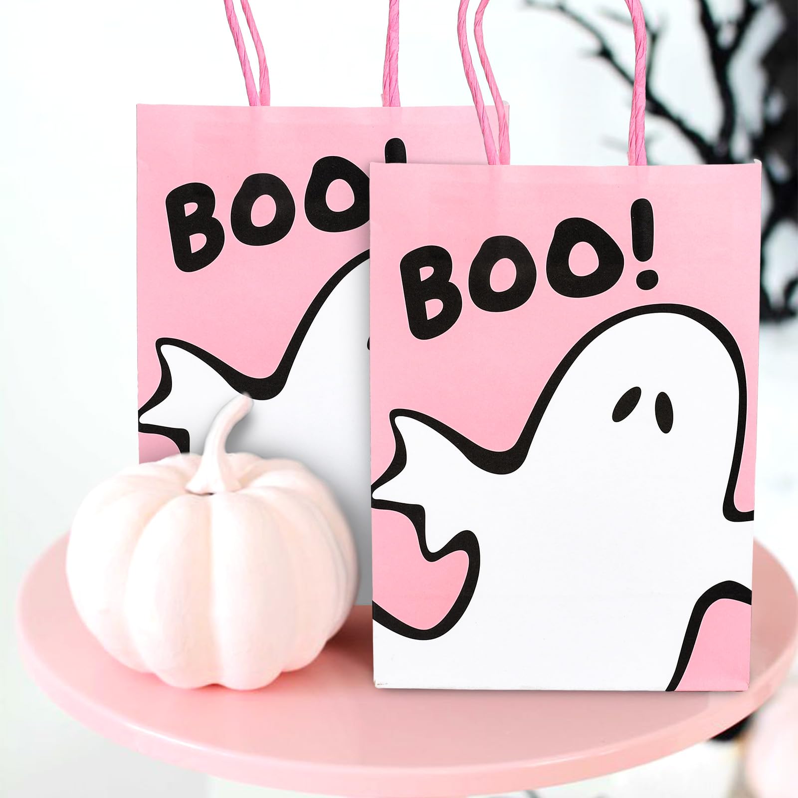 JarThenaAMCS 24Pcs Halloween Paper Gift Bags Ghost Boo Pink with Handles Party Favor Bags Kraft Candy Goodie Treat Bags for Halloween Birthday Party Favors Supplies 8.3 Inch