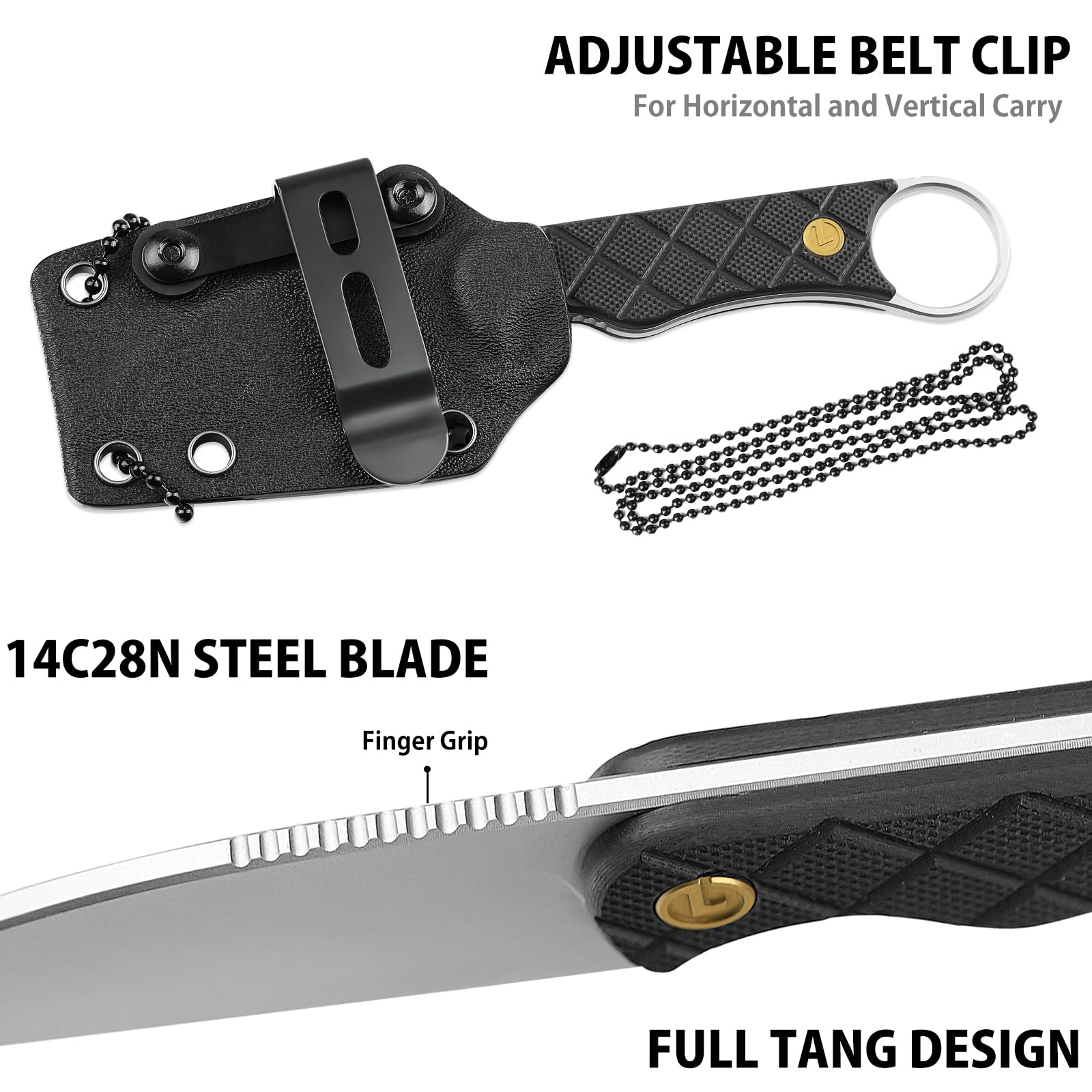 LOTHAR BEAVER Small Fixed Blade Knife, 2.48" 14C28N Neck Knife, Full Tang EDC Knife with G10 Handle and Kydex Sheath, Vertical Horizontal Carry Knife with Adjustable Belt Clip, Knife Necklace for Men Women