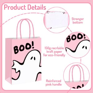 JarThenaAMCS 24Pcs Halloween Paper Gift Bags Ghost Boo Pink with Handles Party Favor Bags Kraft Candy Goodie Treat Bags for Halloween Birthday Party Favors Supplies 8.3 Inch