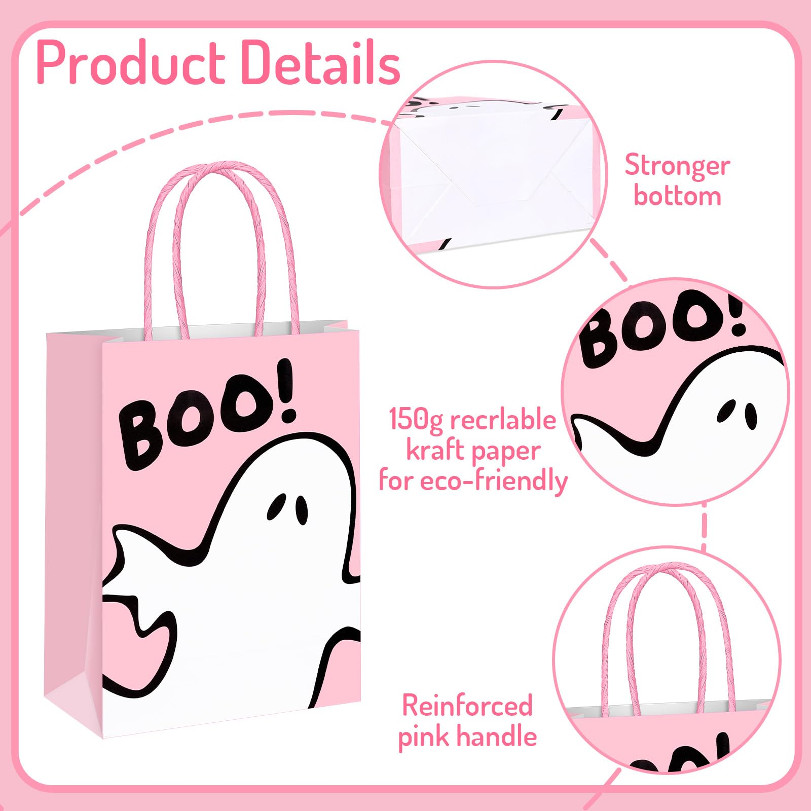 JarThenaAMCS 24Pcs Halloween Paper Gift Bags Ghost Boo Pink with Handles Party Favor Bags Kraft Candy Goodie Treat Bags for Halloween Birthday Party Favors Supplies 8.3 Inch