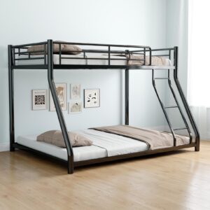 qsostns metal bunk bed twin over full size with removable stairs, heavy duty sturdy frame, smooth rounded edges, no boxspring required, for small spaces, twin-over-full (black)