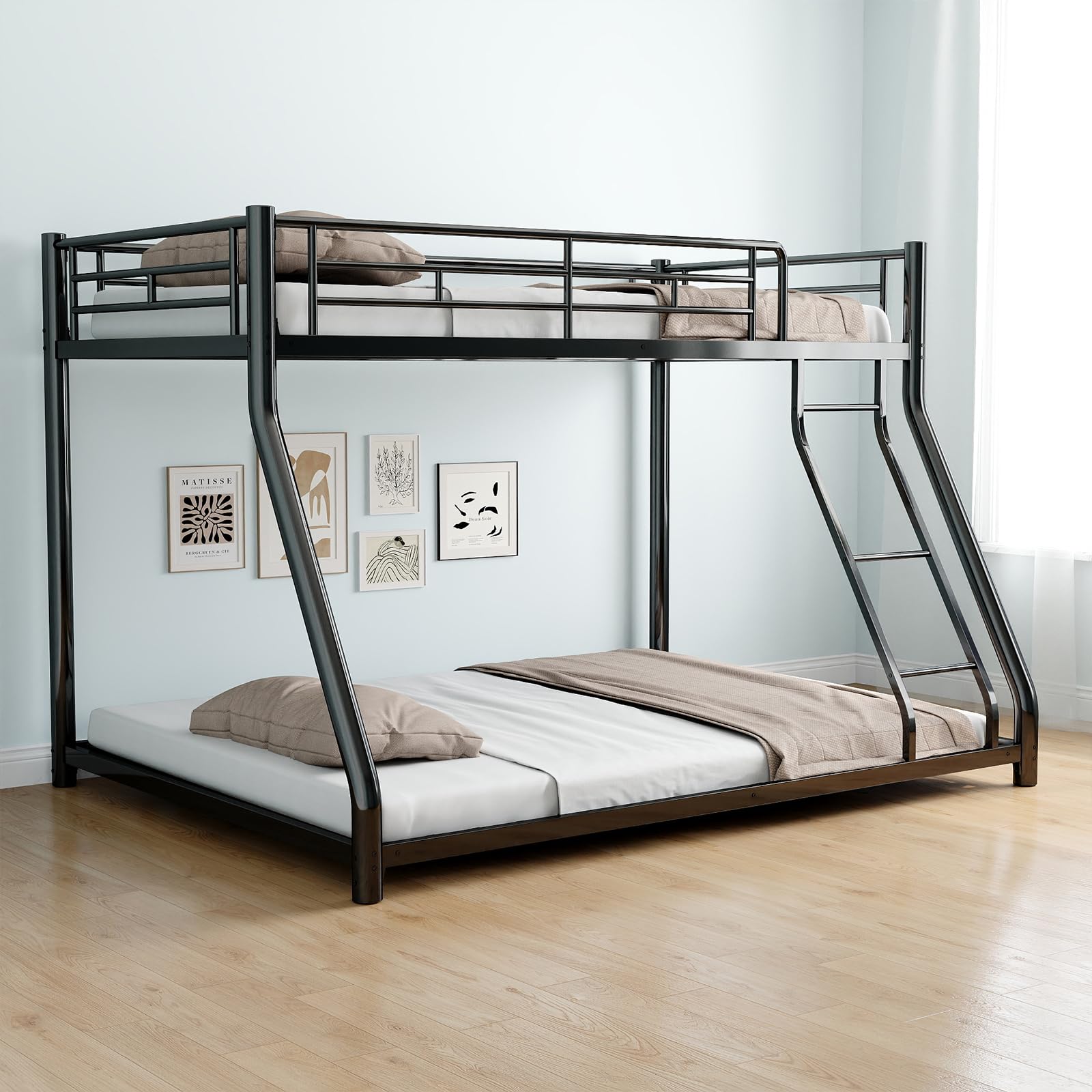 QSOSTNS Metal Bunk Bed Twin Over Full Size with Removable Stairs, Heavy Duty Sturdy Frame, Smooth Rounded Edges, No Boxspring Required, for Small Spaces, Twin-Over-Full (Black)