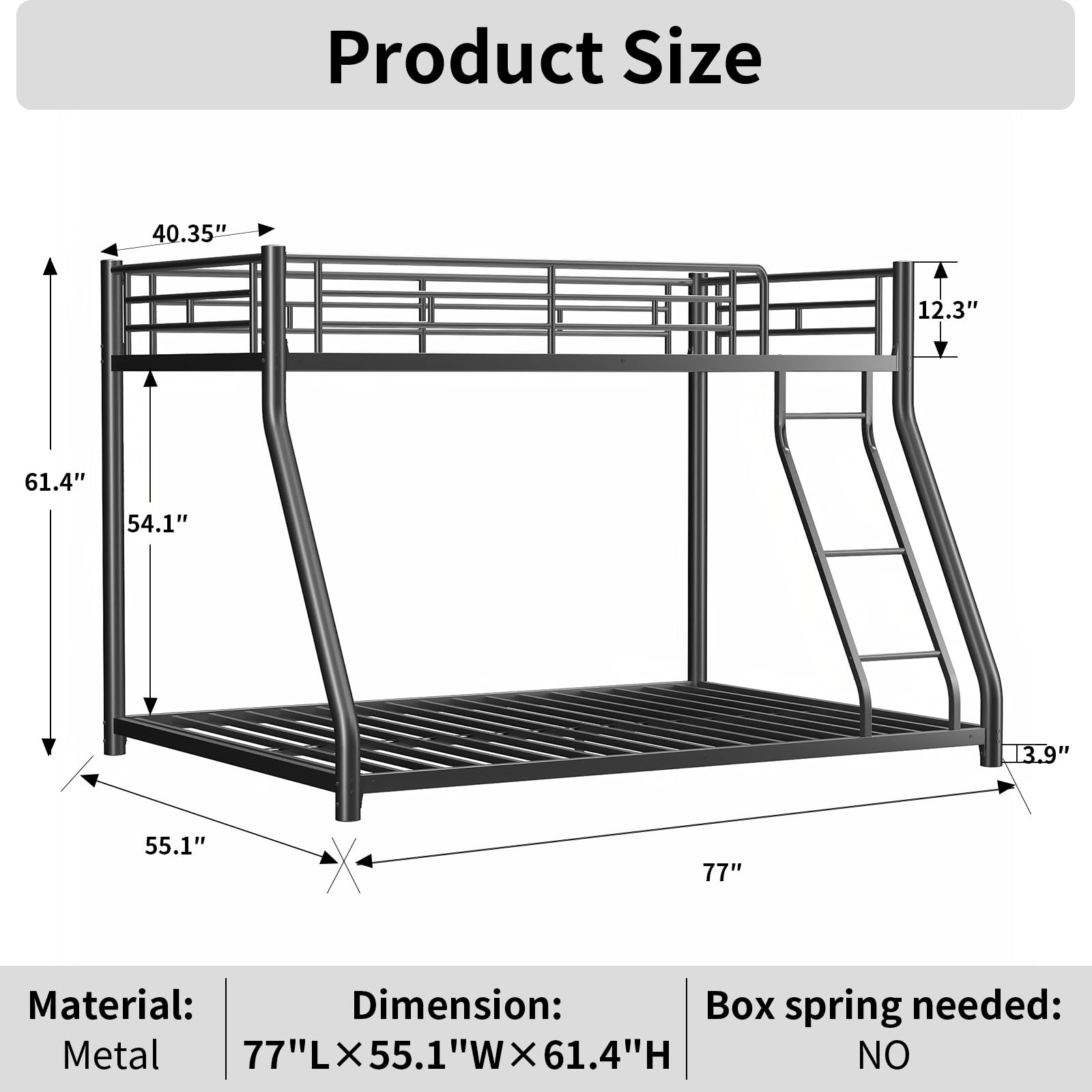 QSOSTNS Metal Bunk Bed Twin Over Full Size with Removable Stairs, Heavy Duty Sturdy Frame, Smooth Rounded Edges, No Boxspring Required, for Small Spaces, Twin-Over-Full (Black)