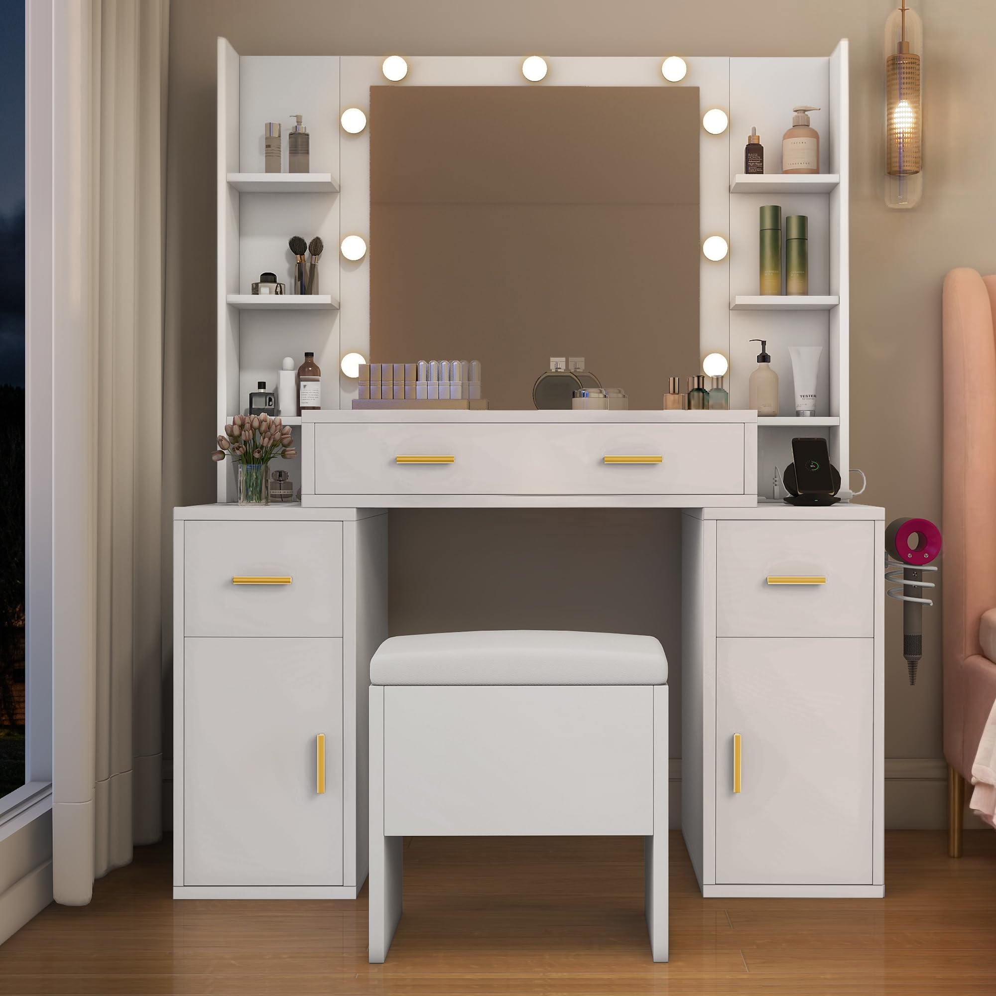 DWVO Vanity Desk with Mirror and Lights, Makeup Vanity Set with Power Outlet, Drawers & Cabinet, 3 Colors Lighting Adjustable Brightness, Dressing Table for Bedroom, Storage Stool, Off White