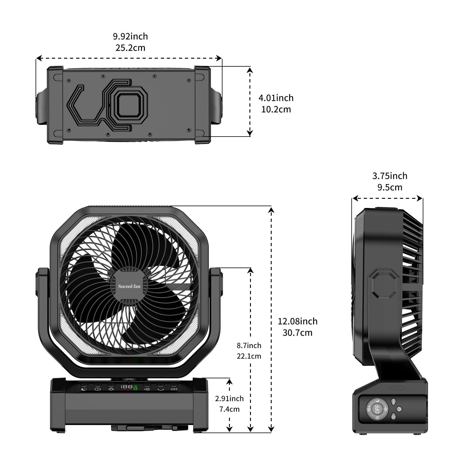 Socool Camping Fan with Light - 20000mAh Rechargeable Battery Fan, 112Hrs Max Run Time, 9 Speeds, Digital Display, Timer, Auto Oscillation, 270° Pivot & Hook for Camping, Power Outage, Hurricane