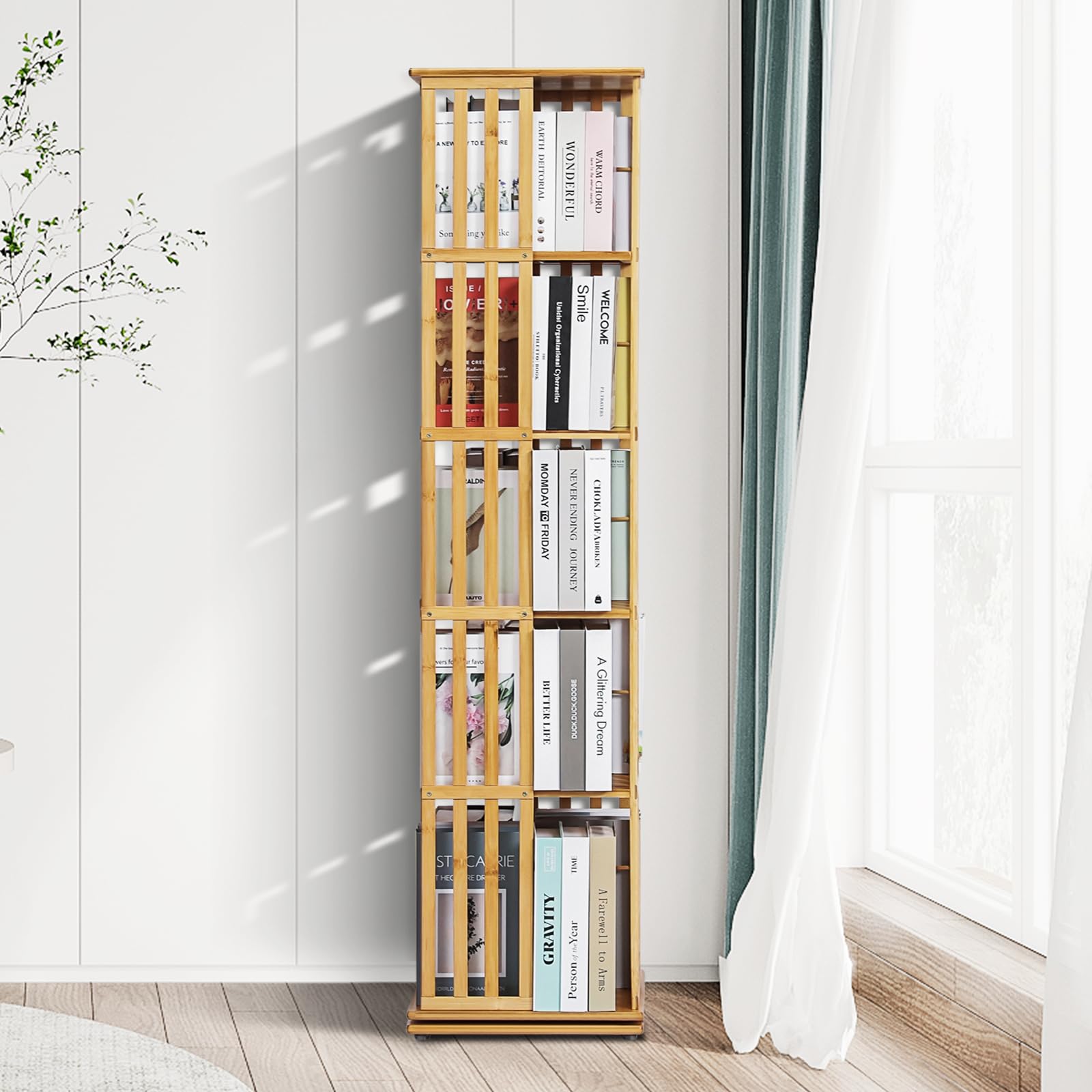 SFIHOME 5-Tier Rotating Bookshelf Tower, 360° Tall Floor Standing Bookcase Book Shelf, Bamboo Narrow Bookshelves Storage Display Rack Shelves for Corner, Living Room, Office, Natural