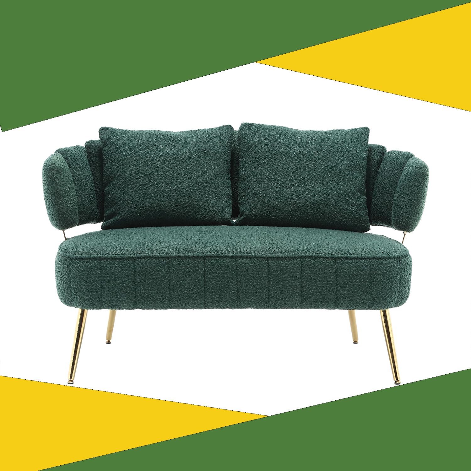 Gustonhon Modern Polyester Loveseat Couch,Futon Small Sofa with Gold Metal Legs, 2-Seater Upholstered Mini Sofa Couches for Living Room Bedroom Office Balcony Studio Apartment Love Seat (Emerald)