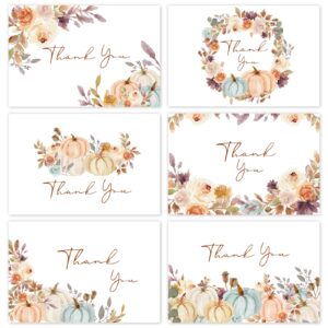 whaline 36 pack fall thank you cards watercolor pumpkin floral greeting cards blank note cards with envelope & stickers for autumn thanksgiving party supplies, 4 x 6 inch