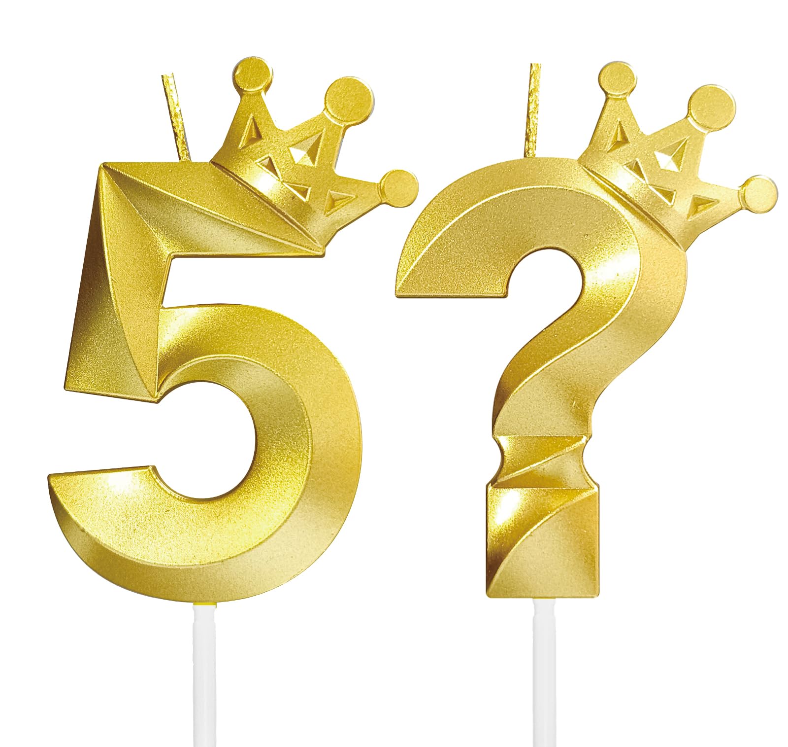 Jumochi Fifty Something Birthday Candles for Cake Topper Decorations - Number 5 & ? Crown Candles Add Mystery to Your Celebrations (Gold-3D-Crown-5?, 3D-Crown)