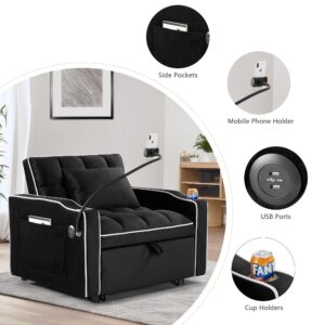 Setawix Convertible Chair Bed Sleeper, Tufted Velvet Pull Out Sleeper Chair with USB Ports & Phone Holder, Adjustable Armchair with Cup Holder Single Sofa Chair for Living Room Bedroom, Black