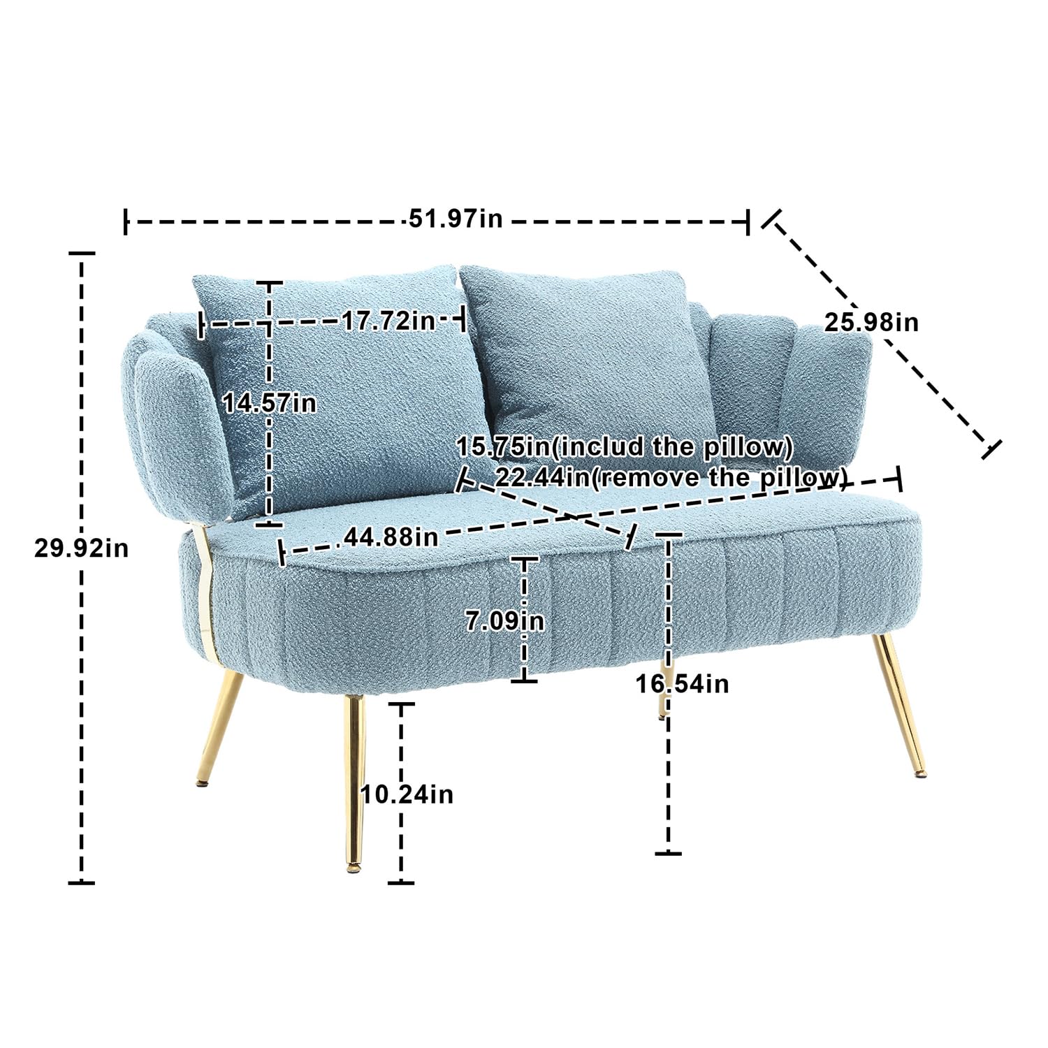 Modern Loveseat Sofa Couch,Futon Small Sofa with Gold Metal Legs, 2-Seater Upholstered Mini Love Seat Sofa Couches for Living Room Bedroom Office Balcony Studio Apartment Easy to Assemble (Light Blue)