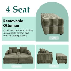 Suheww Oversized Loveseat Sectional Sofa Couch with Ottomans, Oversized 2-Seater Green Corduroy Chaise Lounge Chair with USB Ports, Corduroy Sofa Double-Upholstered Comfy Sleeper Sofa for Living Room