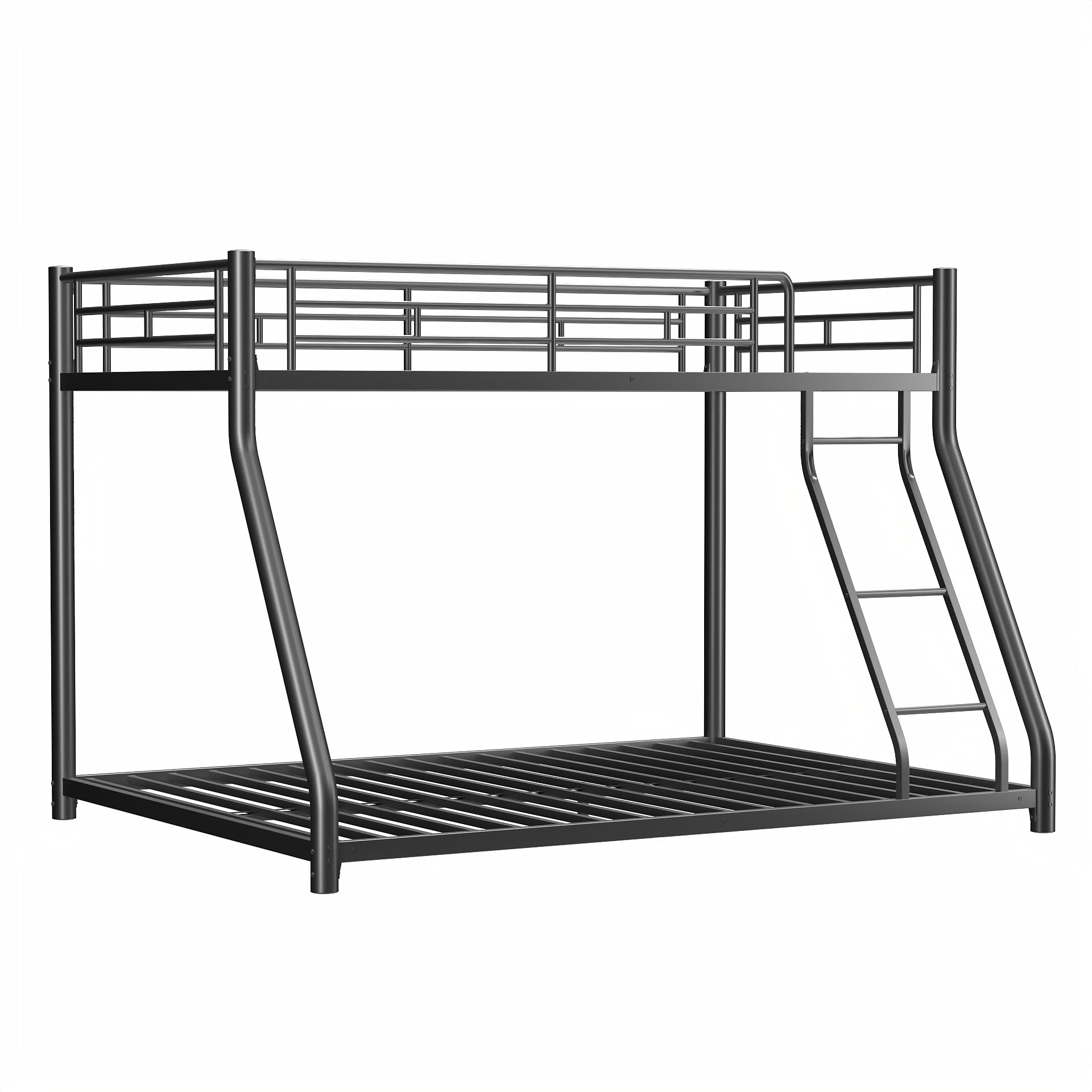 QSOSTNS Metal Bunk Bed Twin Over Full Size with Removable Stairs, Heavy Duty Sturdy Frame, Smooth Rounded Edges, No Boxspring Required, for Small Spaces, Twin-Over-Full (Black)